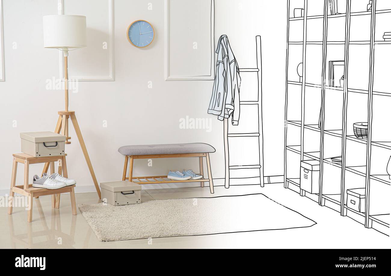 New interior of light hallway with rack, bench and lamp Stock Photo - Alamy