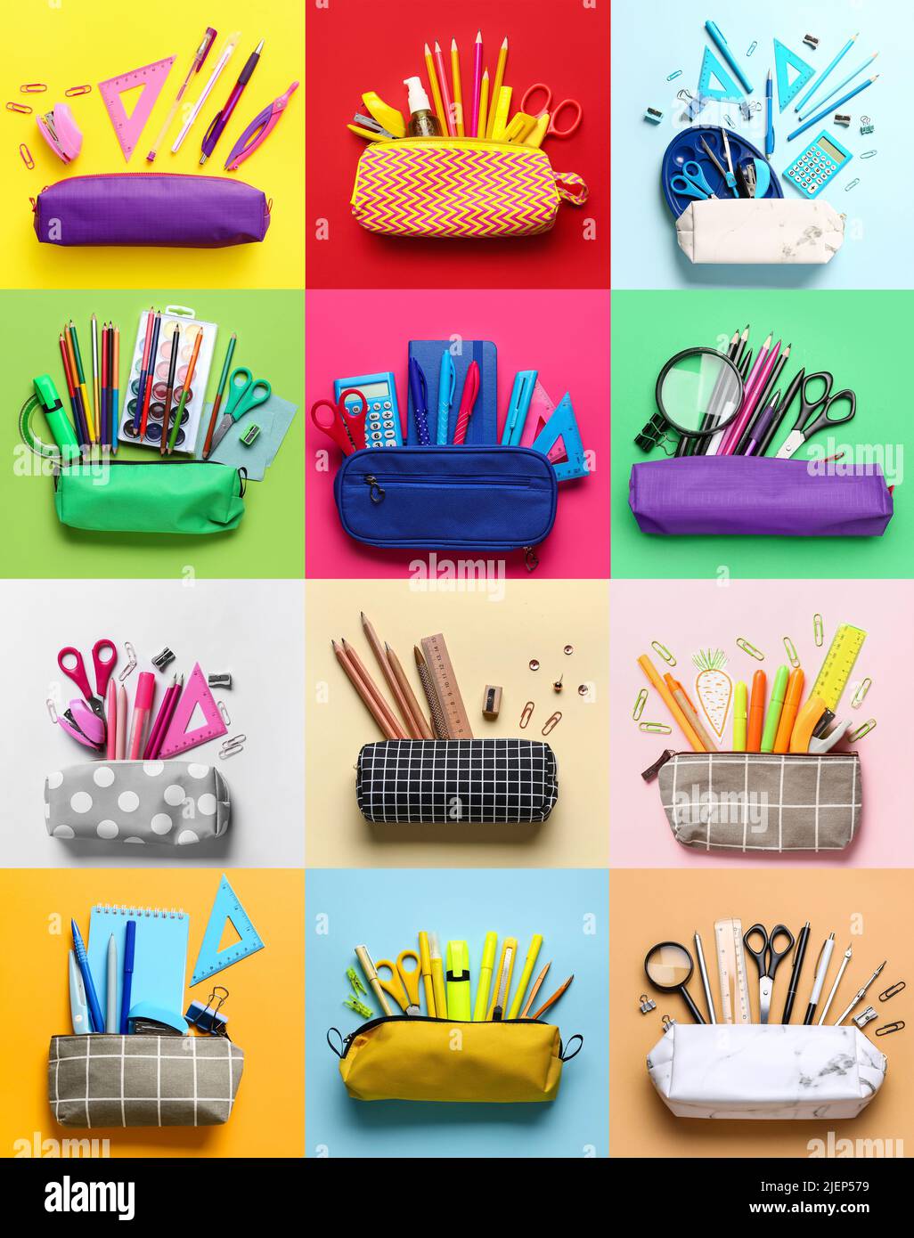 Collage with many pencil cases and stationery on colorful background ...