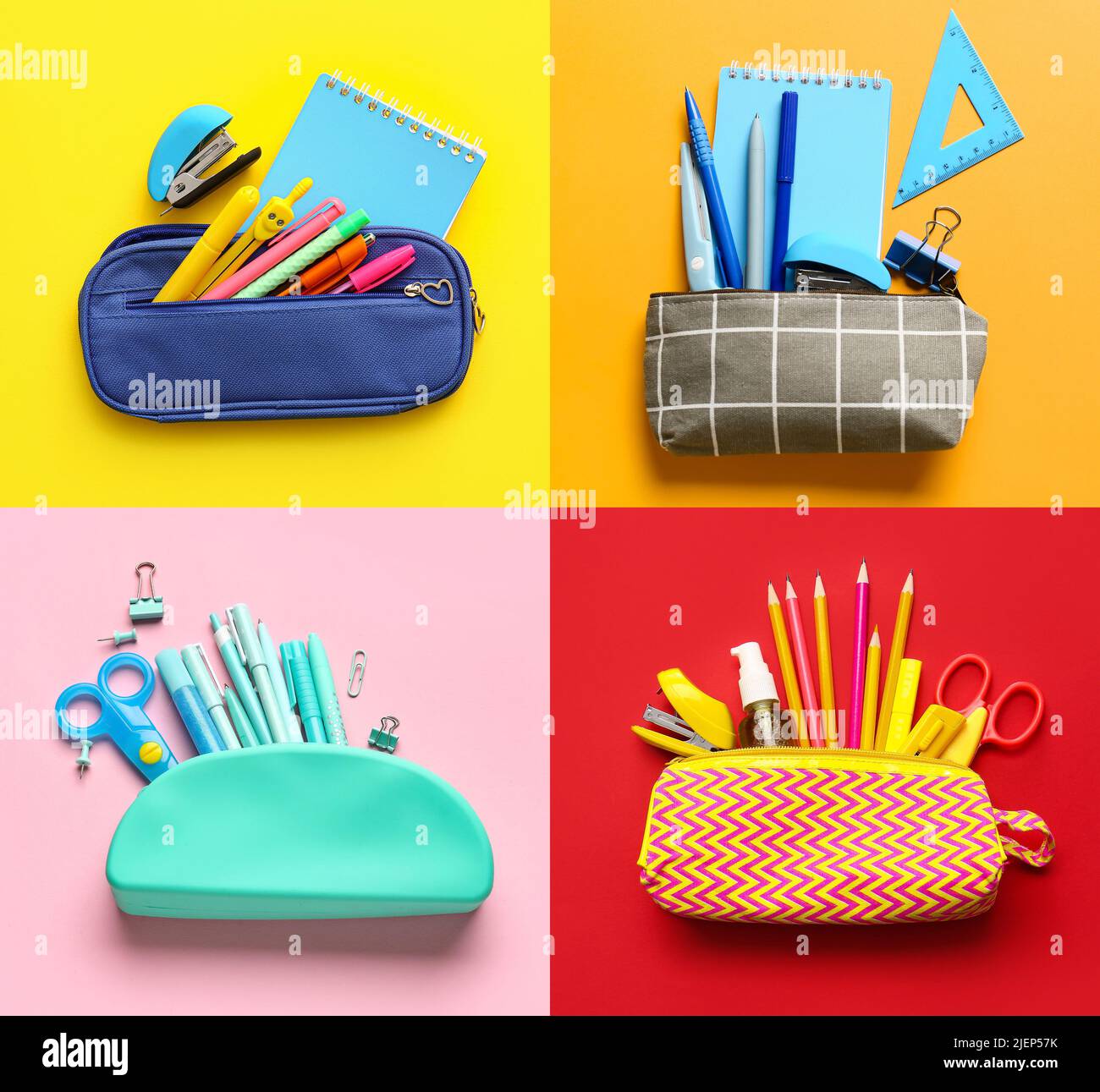 Collage with pencil cases and stationery on colorful background Stock ...