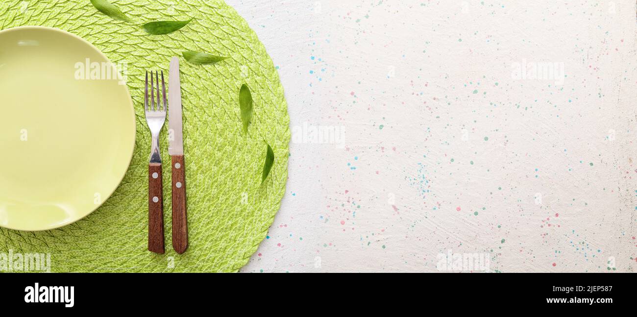 Beautiful eco table setting on light background with space for text ...