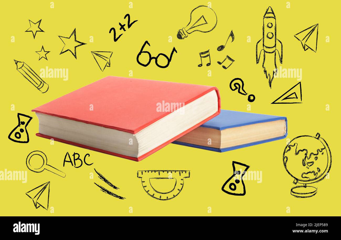 Books and different drawings on yellow background. Concept of education ...