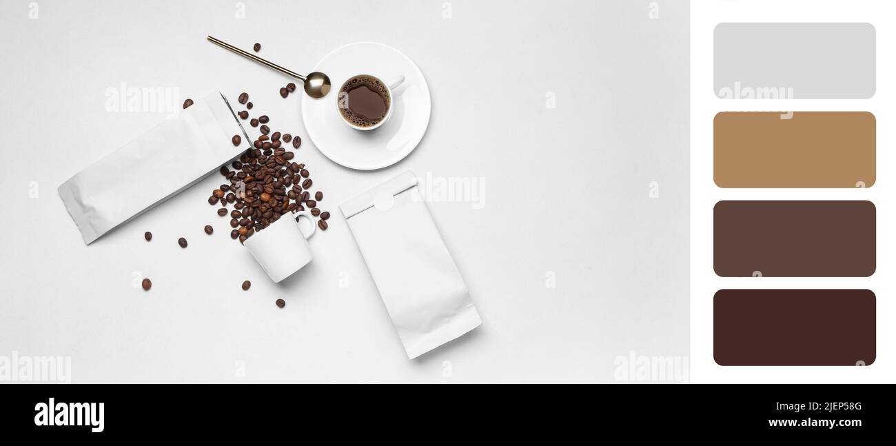 Composition with coffee bags on white background. Different color ...
