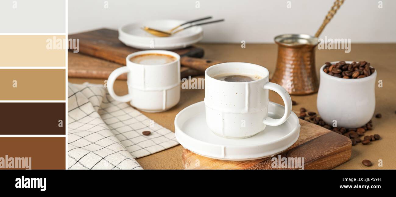 Cups of hot coffee, beans and jezve on table. Different color patterns ...