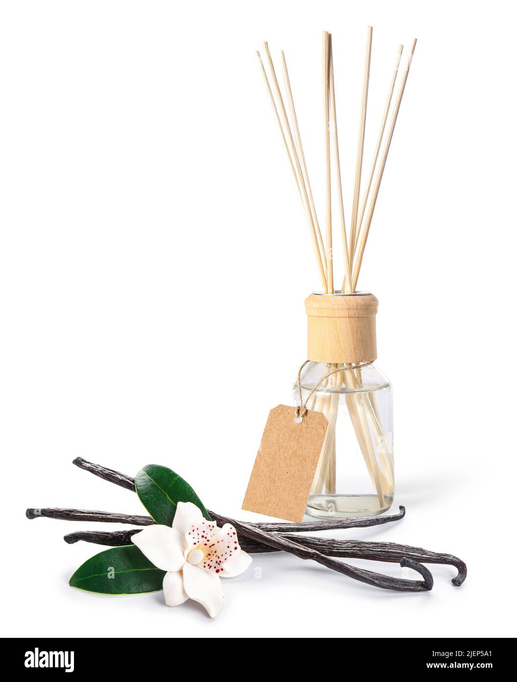 Reed diffuser and vanilla on white background Stock Photo - Alamy