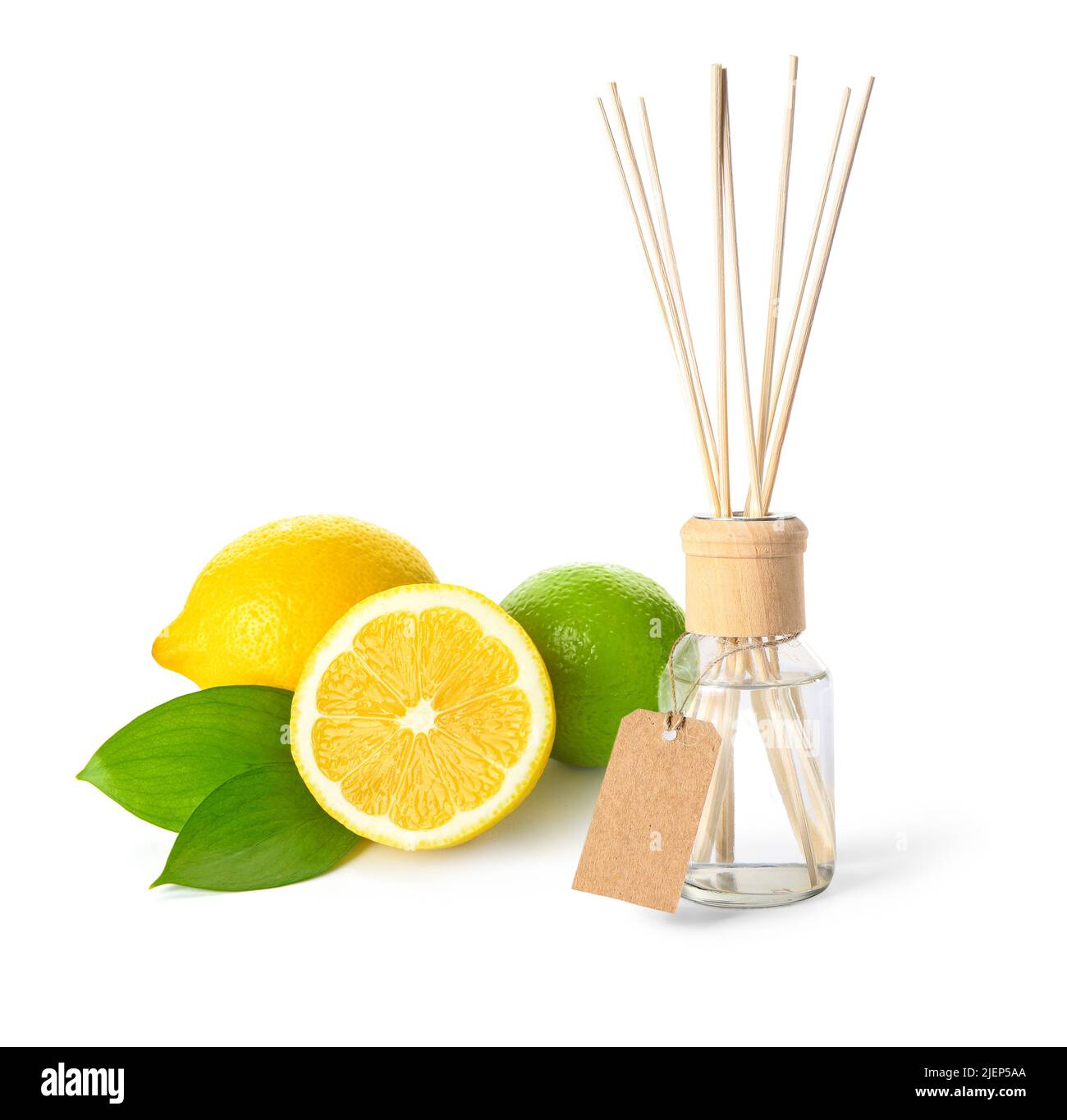 Reed diffuser and citrus fruits on white background Stock Photo - Alamy