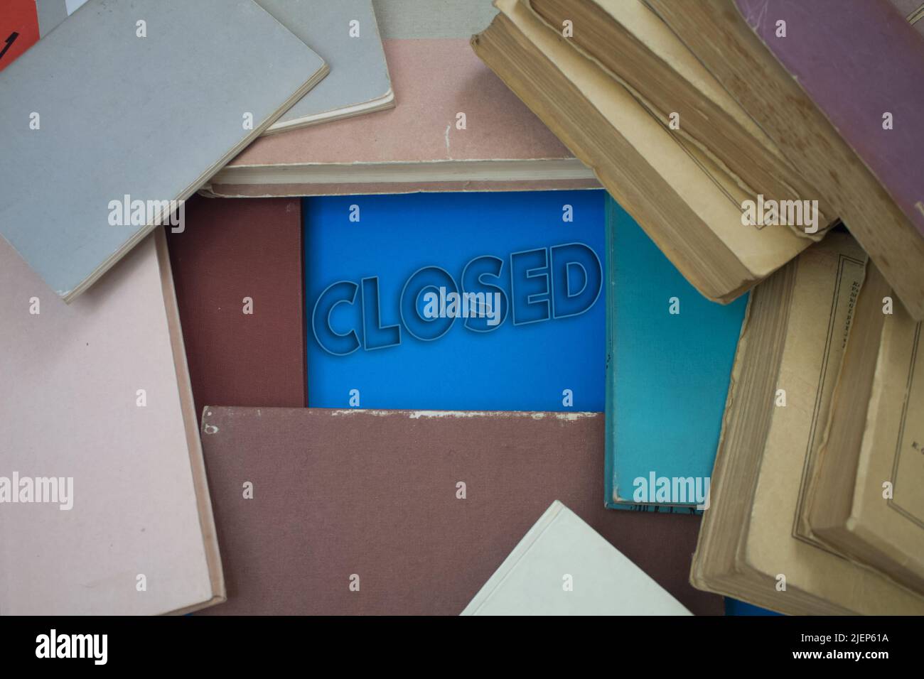 Closed word on colored paper and boos with vintage, natural patterns ...