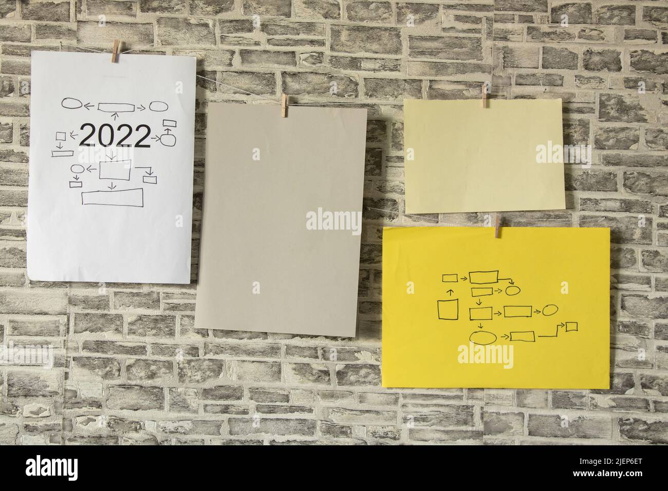 wall with cards and drawings with geometric shapes, a business plan on ...