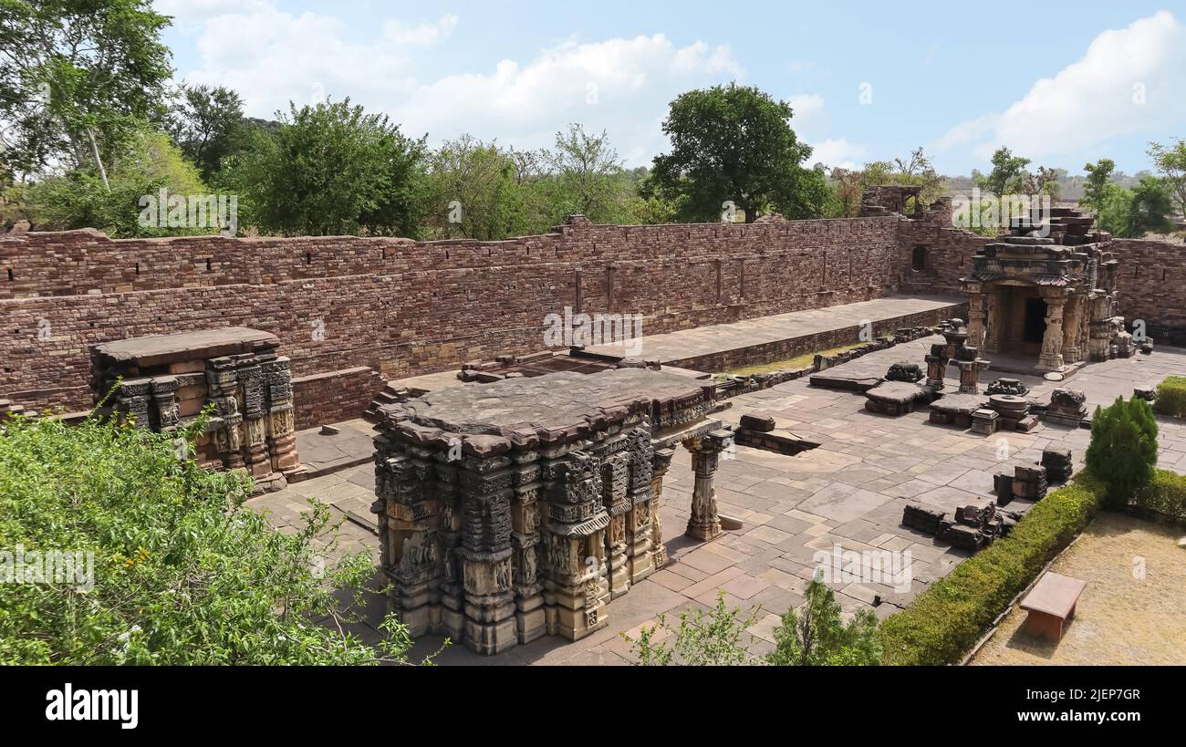 View showing the three temples of Survaya ki Garhi, Morena, Madhya ...