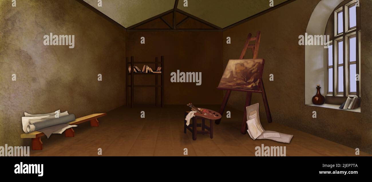 Workshop of a poor renaissance artist. Digital Painting Background ...