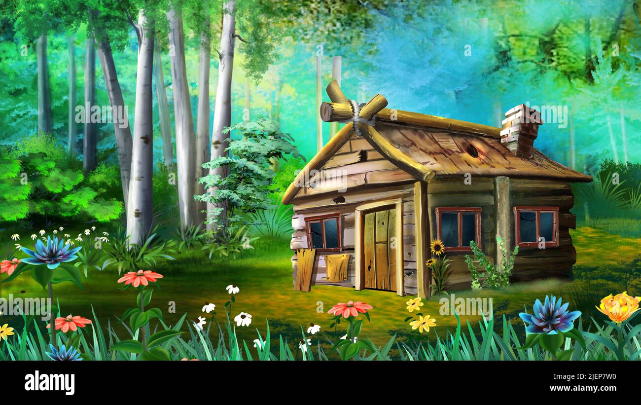 Old rickety wooden forest house on the outskirts of the village ...