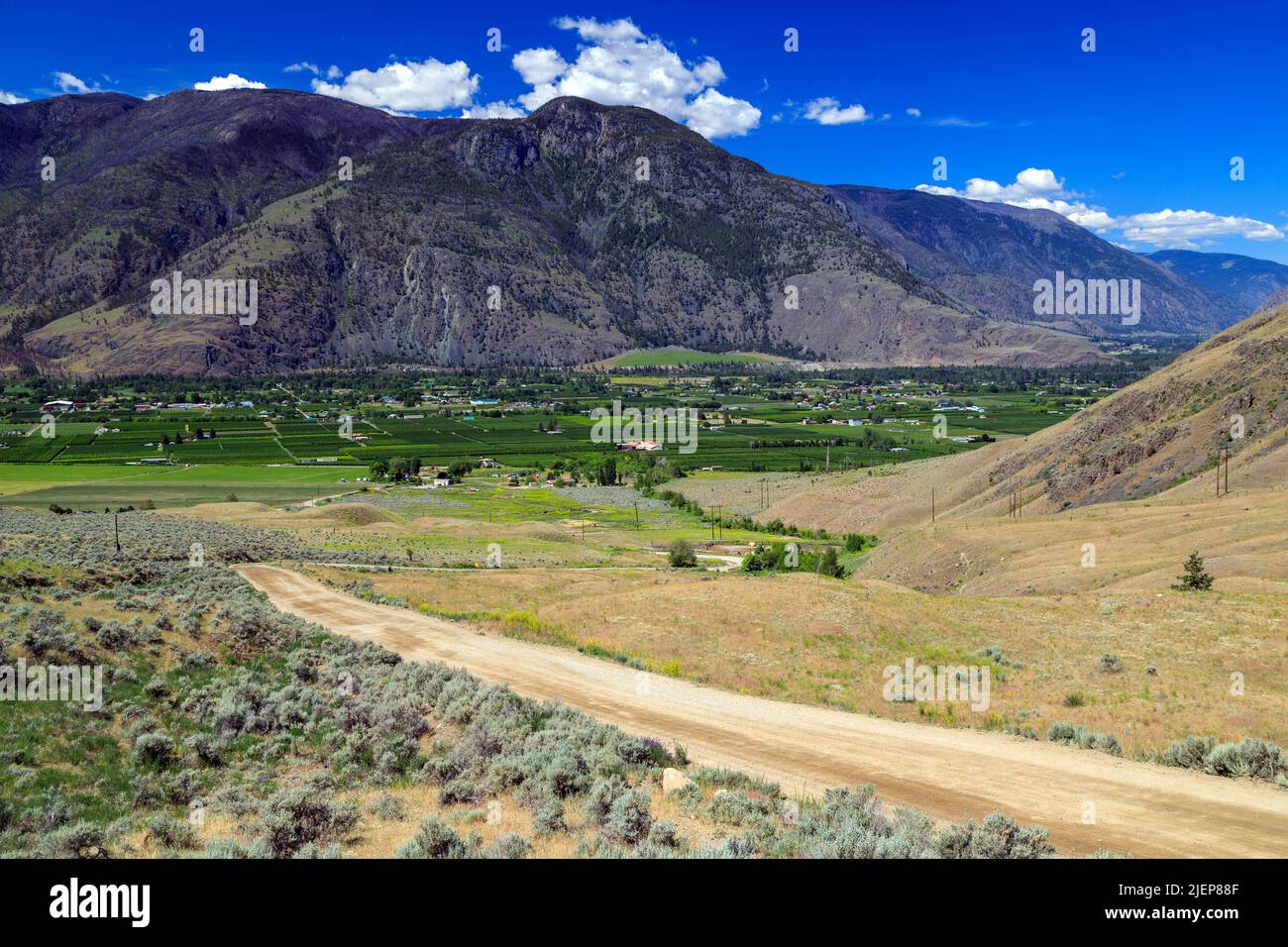 Canadian landscape of agrucultural fields, orchards, and a country road ...