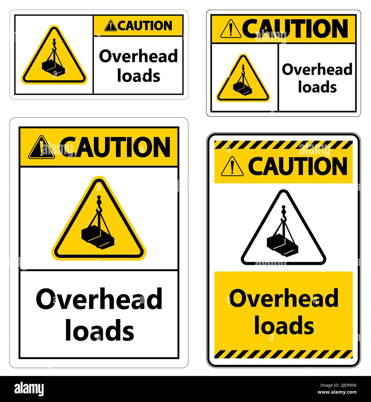 Danger, overhead load text, falling hazard risk caution warning sign ...