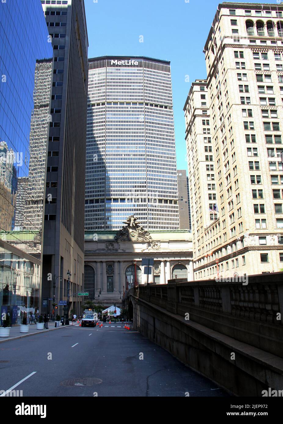 High-rise office buildings around Grand Central Terminal, view up from ...