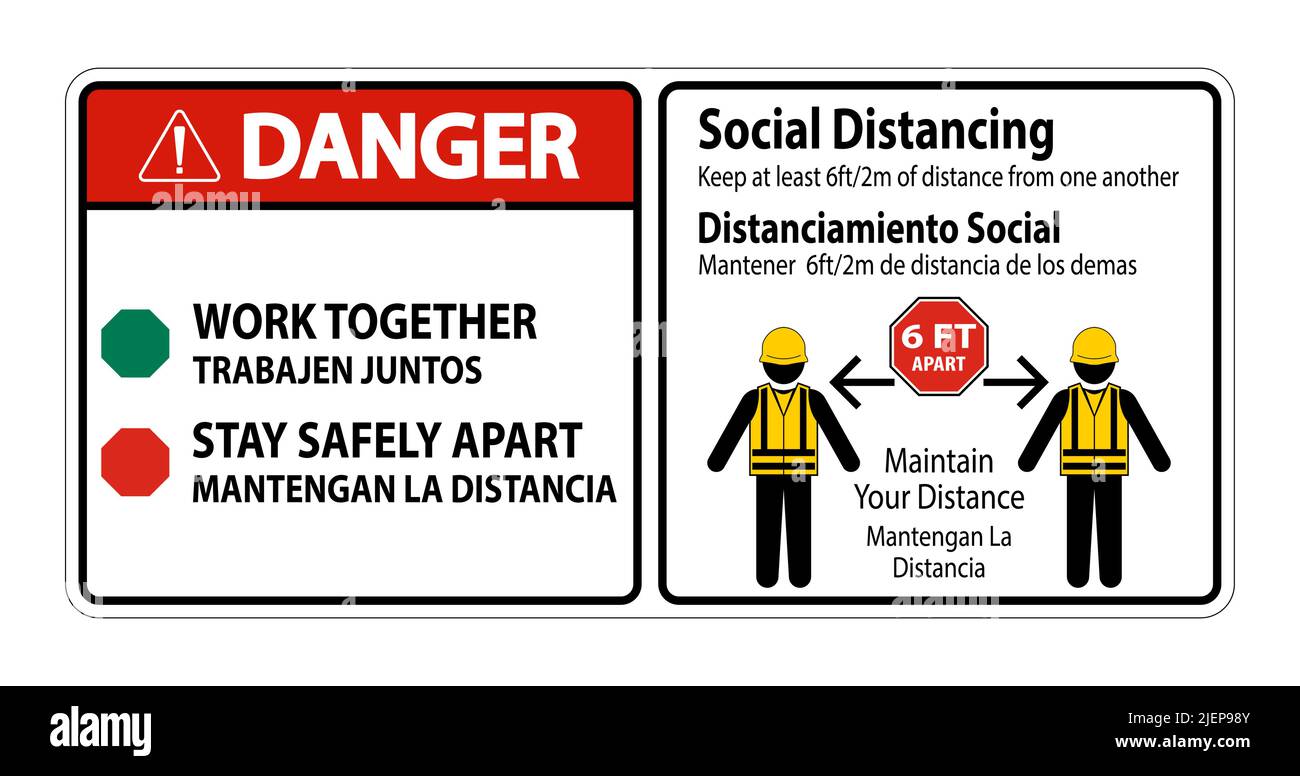 Danger Bilingual Social Distancing Construction Sign Isolate On White ...