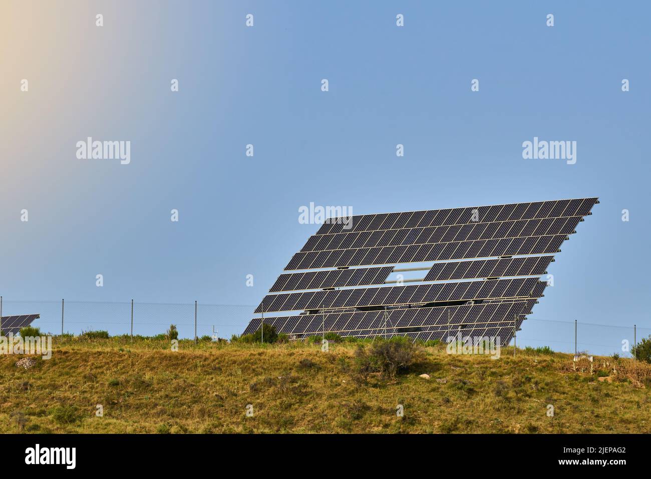 Field or orchard of solar panels to collect solar energy. High quality ...