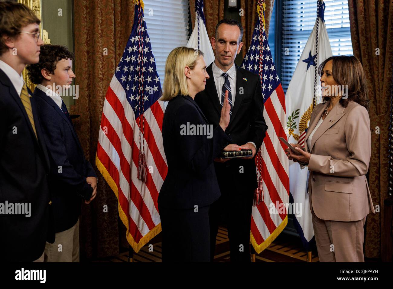 US Vice President Kamala Harris (R) swears in Bridget Brink (L), US ...