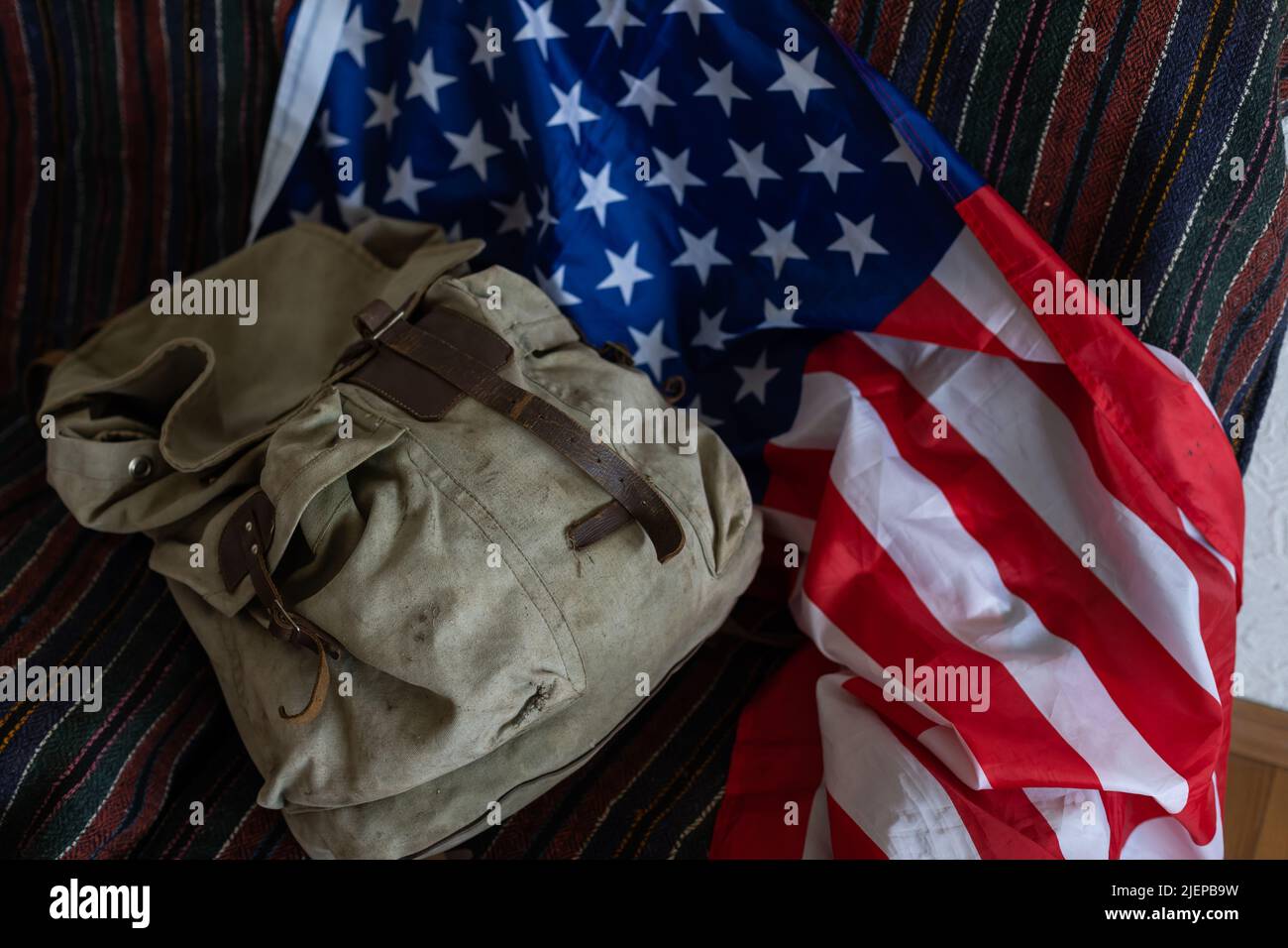 Military backpack and american flag Stock Photo - Alamy