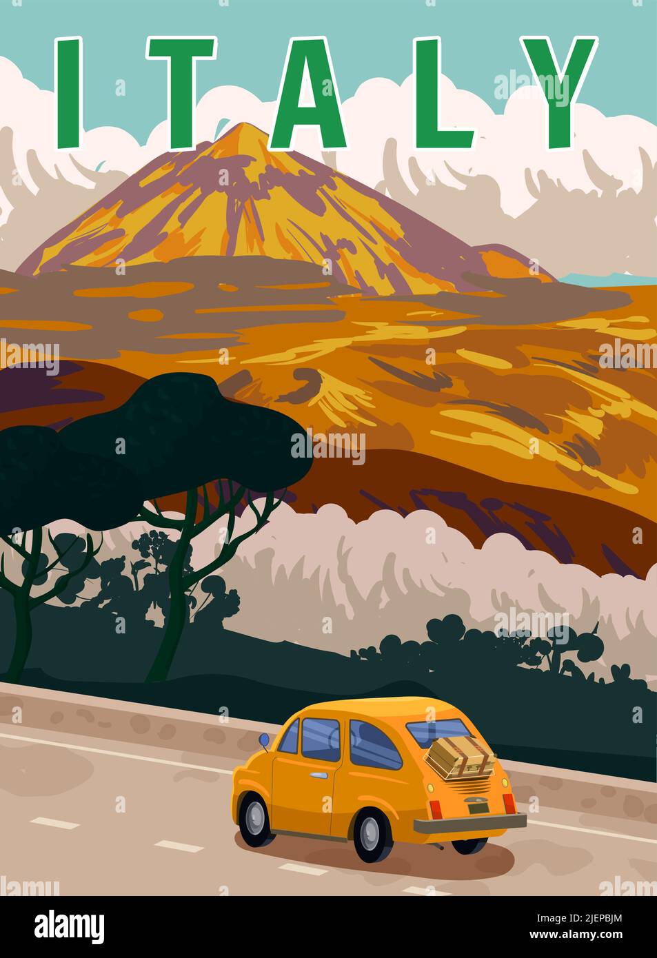 Retro Poster Italy. Road retro car, mediterranean romantic landscape ...