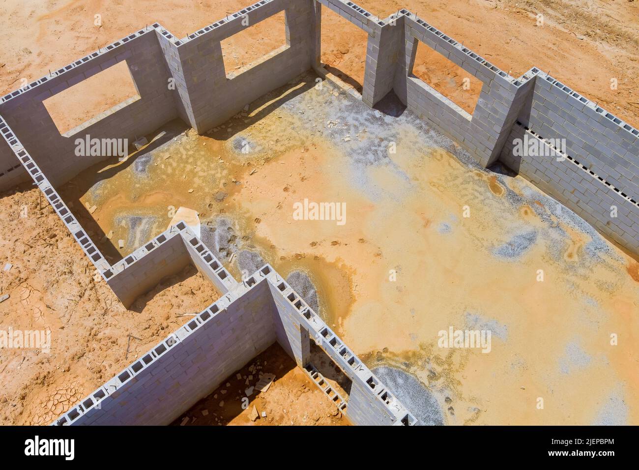 A top view of concrete blocks for a new house foundation constructed by ...