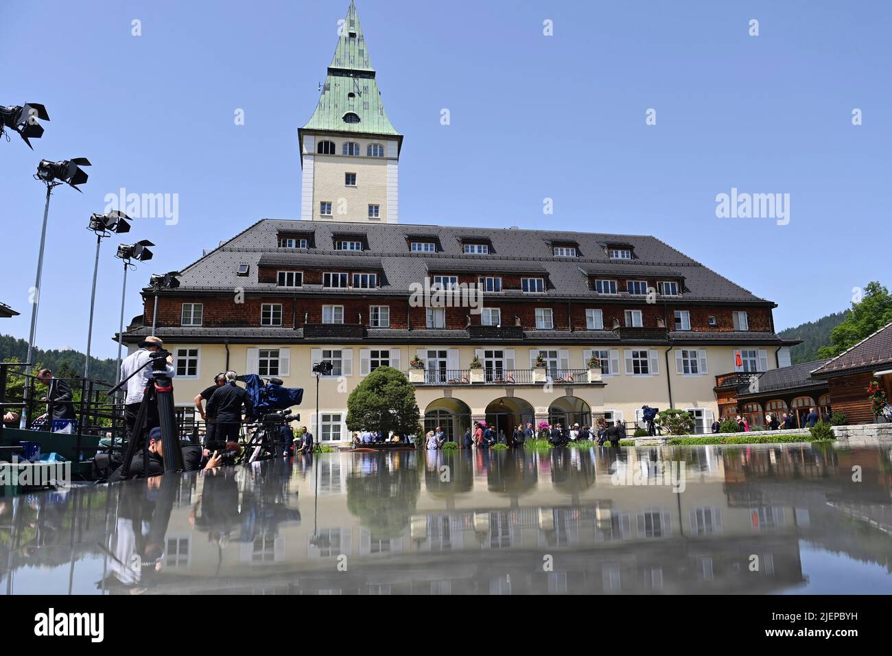 Exterior view Hotel Schloss Elmau, building. Arrivals of outreach ...