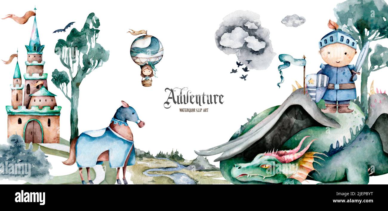 Knight, dragon and castle watercolor illustration. Fabulous mystical ...