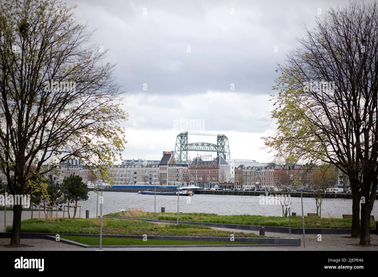 Rotterdam, Netherlands. View on Skyline and old Railway Bridge: "De Hef ...