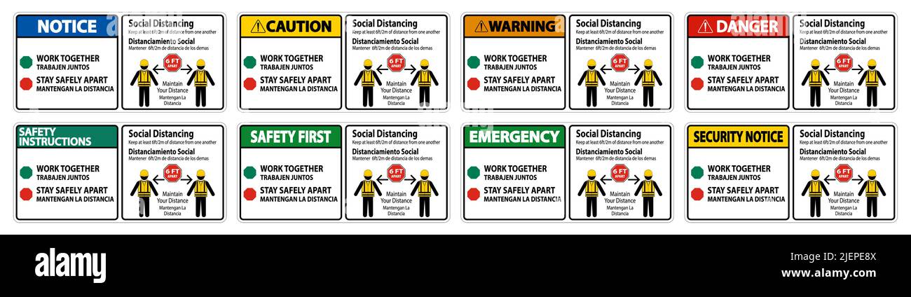 Bilingual social distancing construction sign isolate on white ...