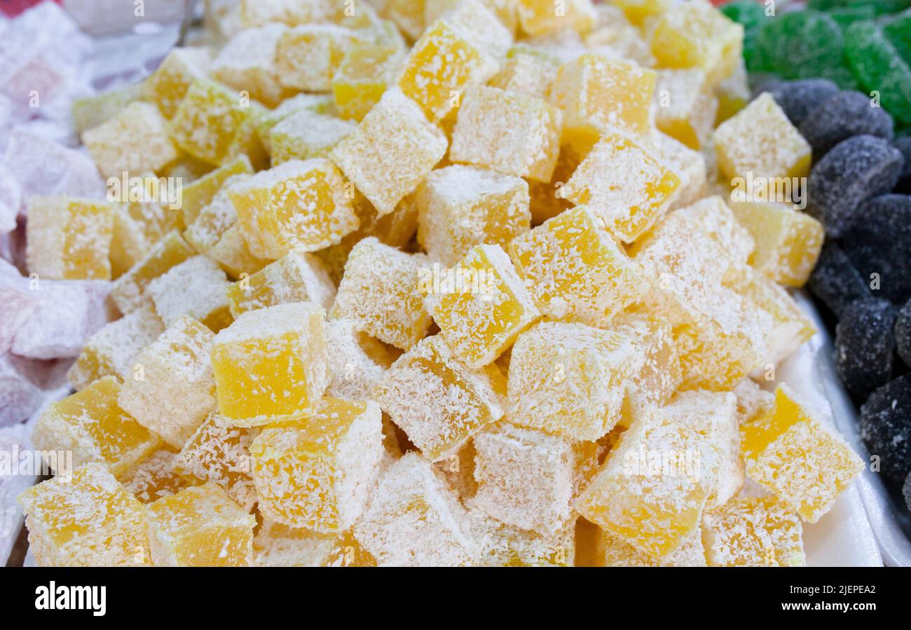 Turkish lemon delights. Items displayed at street market stall Stock ...