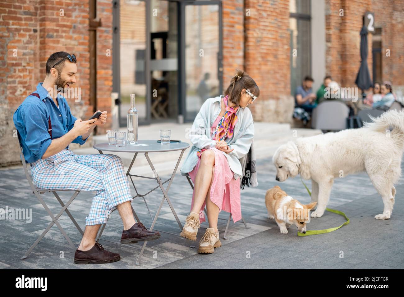 Couple sit at cafe while dogs playing around Stock Photo - Alamy