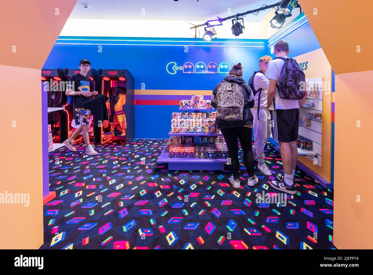 Paris, France - June 27, 2022: 80s style shopping mall in Stranger ...