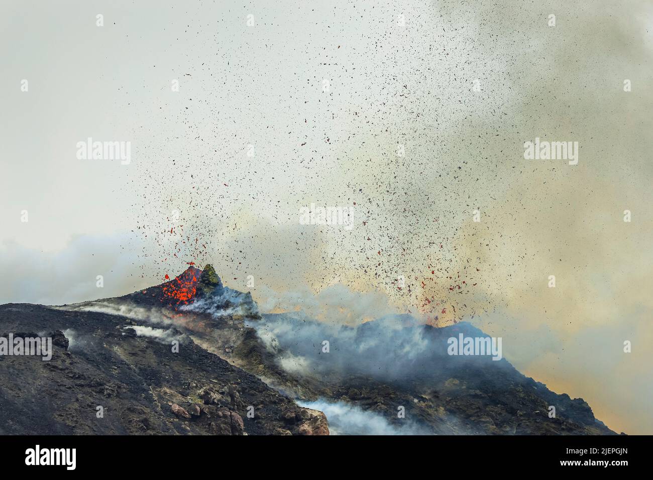Lava bombs erupt from multiple vents at this volcano. This explosive ...