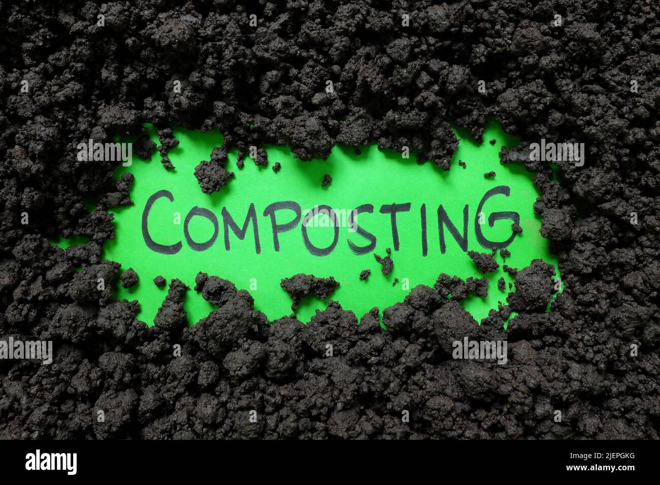 Composting in gardening concept. Written text word on soil background ...
