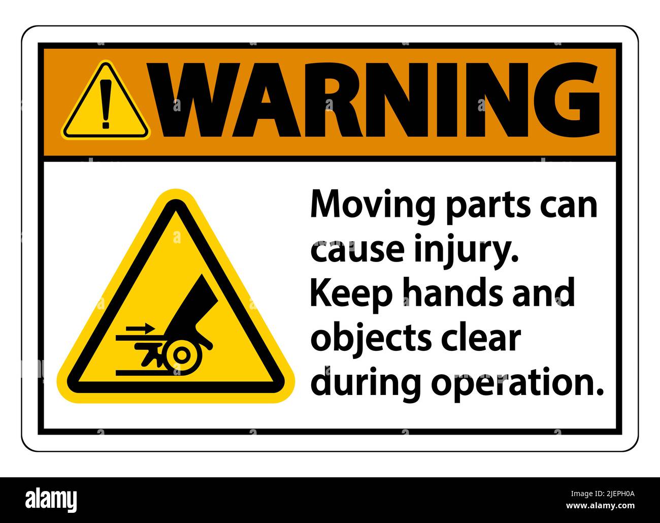 Warning Moving parts can cause injury sign on white background Stock ...