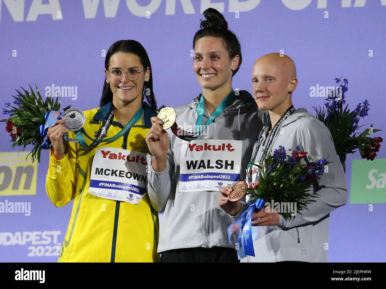 Kaylee MCKeown of Australia , Alex Walsh and Leah Hayes of USA Podium ...