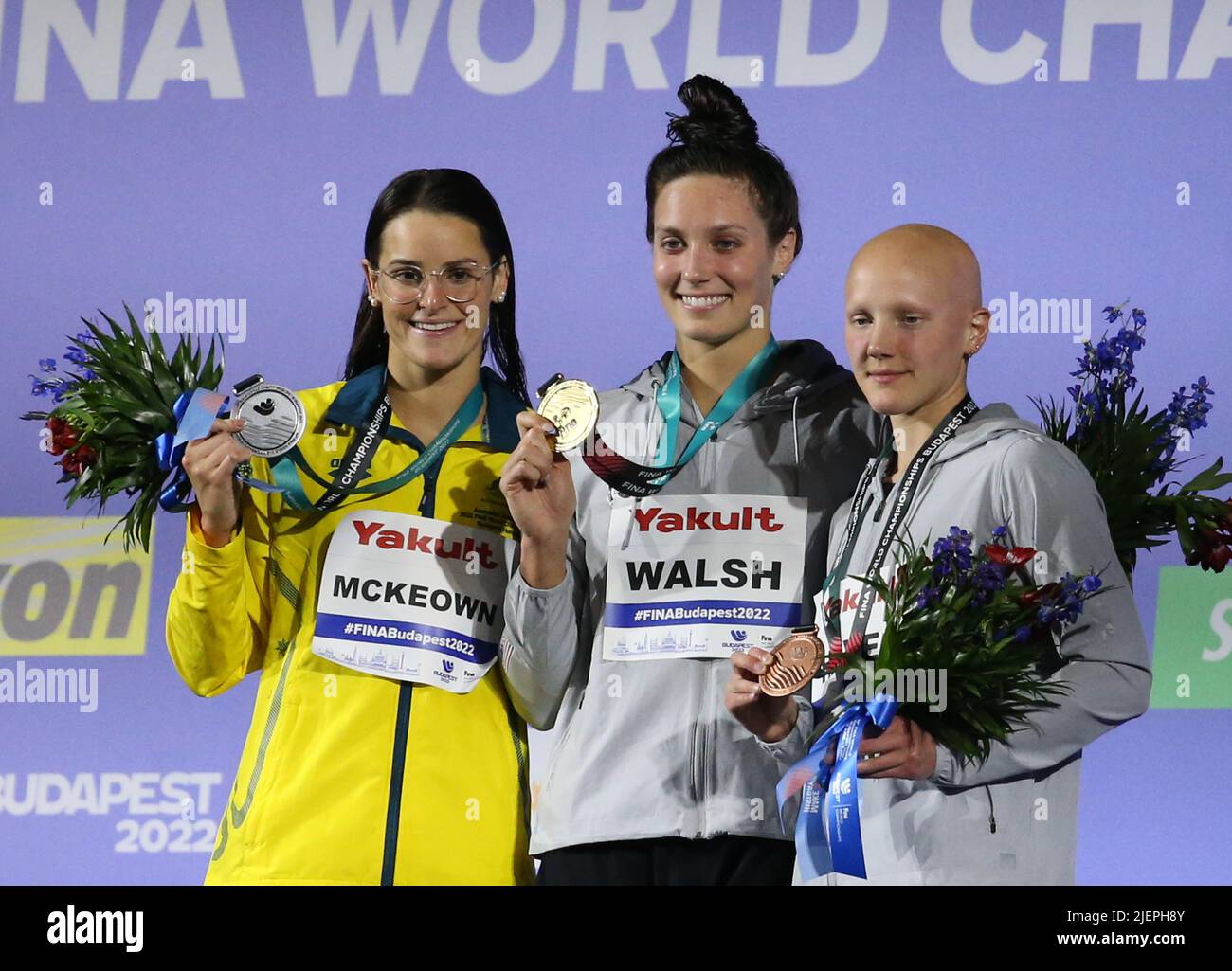 Kaylee MCKeown of Australia , Alex Walsh and Leah Hayes of USA Podium ...