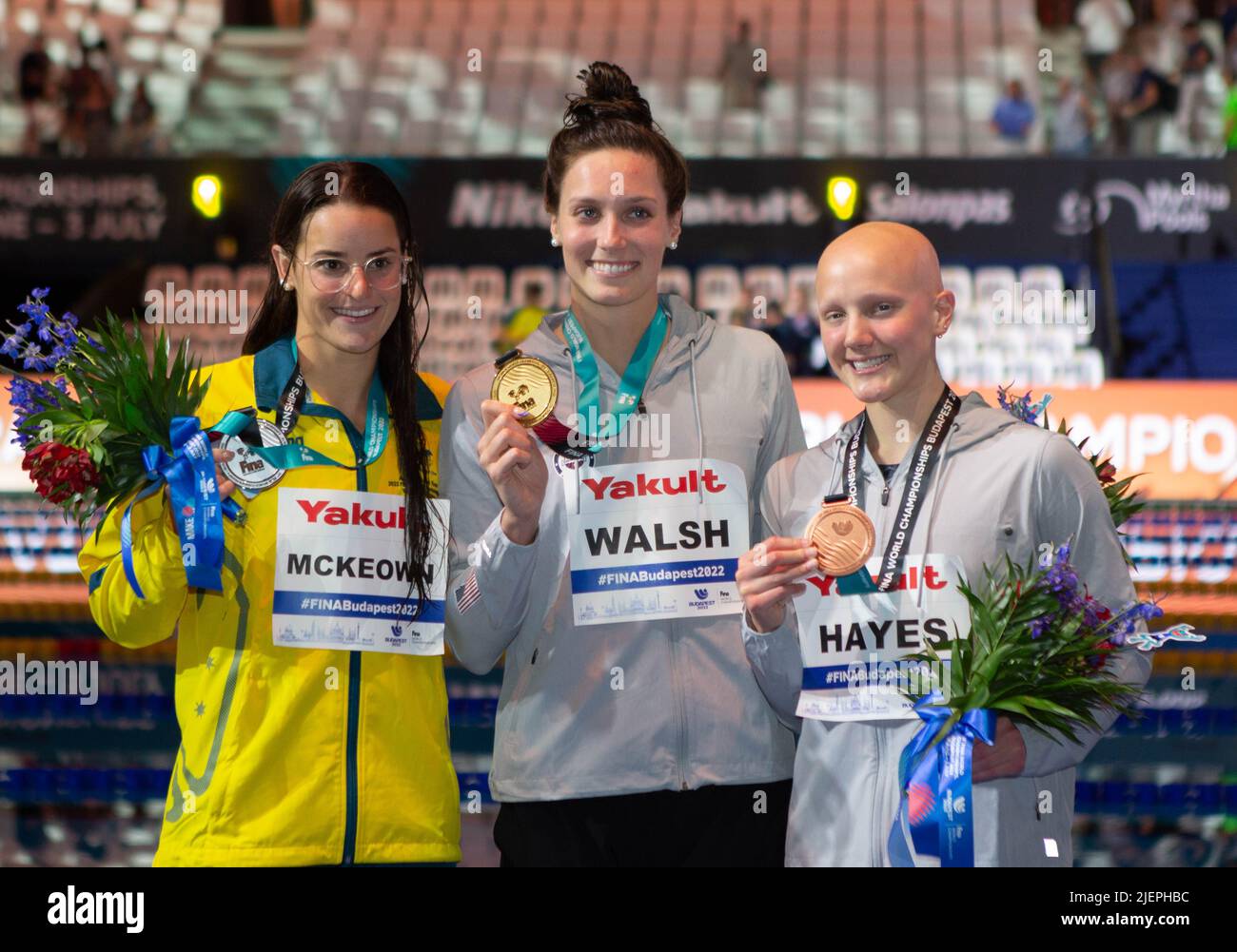 Kaylee MCKeown of Australia , Alex Walsh and Leah Hayes of USA Podium ...