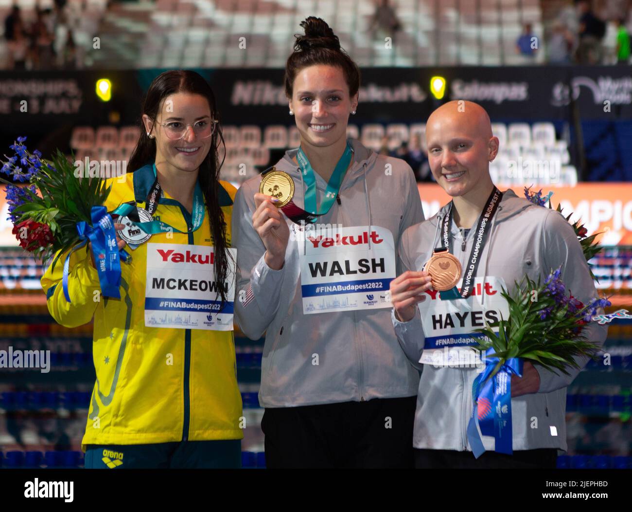 Kaylee MCKeown of Australia , Alex Walsh and Leah Hayes of USA Podium ...