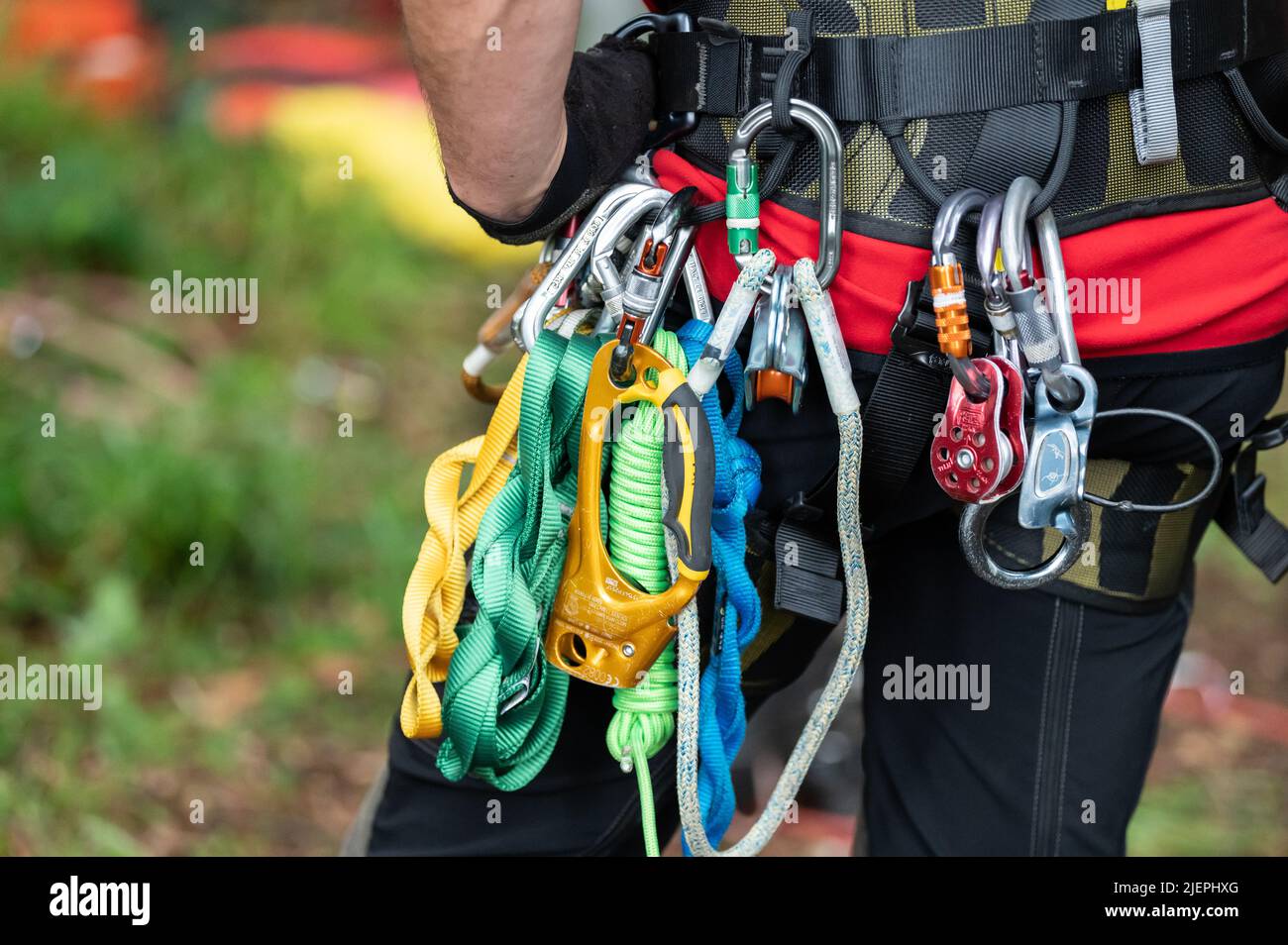 Waldkirch, Germany. 27th June, 2022. Snap hooks are attached to a ...