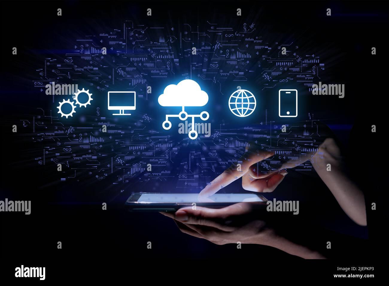 The concept of cloud technologies for data storage. Hand with tablet ...