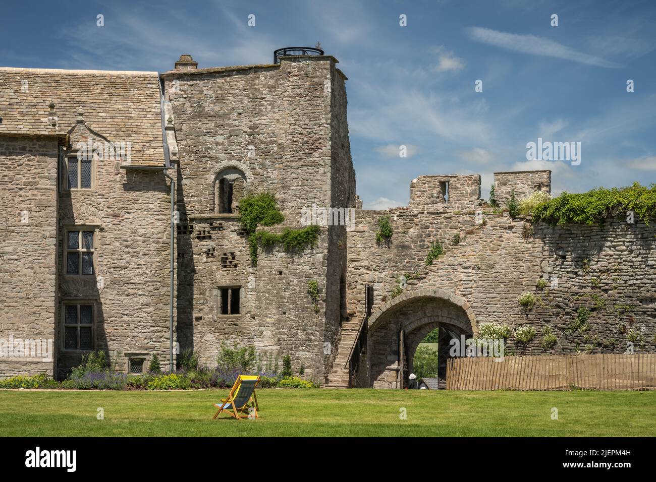 Inside structure and gate of medieval Hay Castle in Wales Stock Photo ...