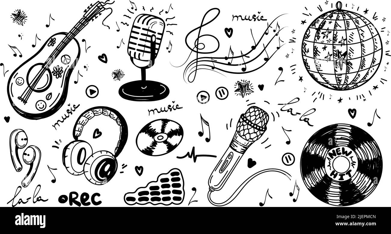 A set of hand-drawn musical elements in sketch style. Guitar or ukulele ...