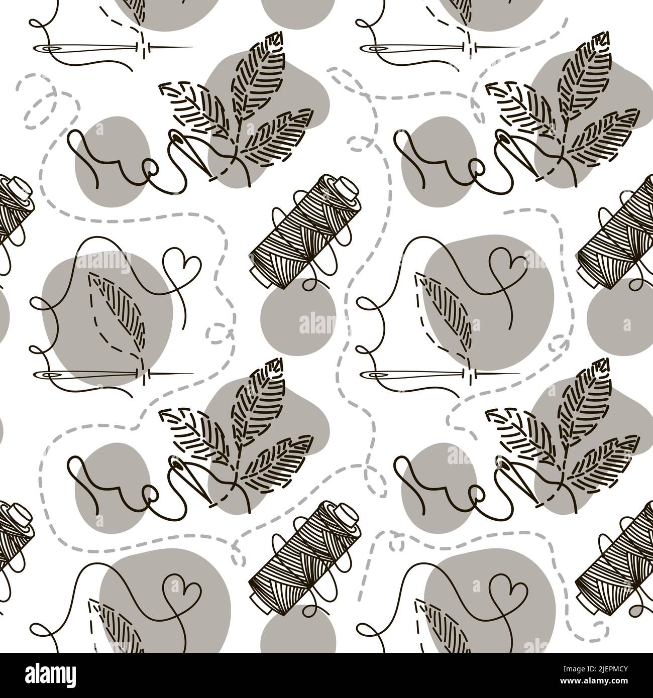 Seamless pattern of embroidered leaves, hand-drawn doodles in sketch ...