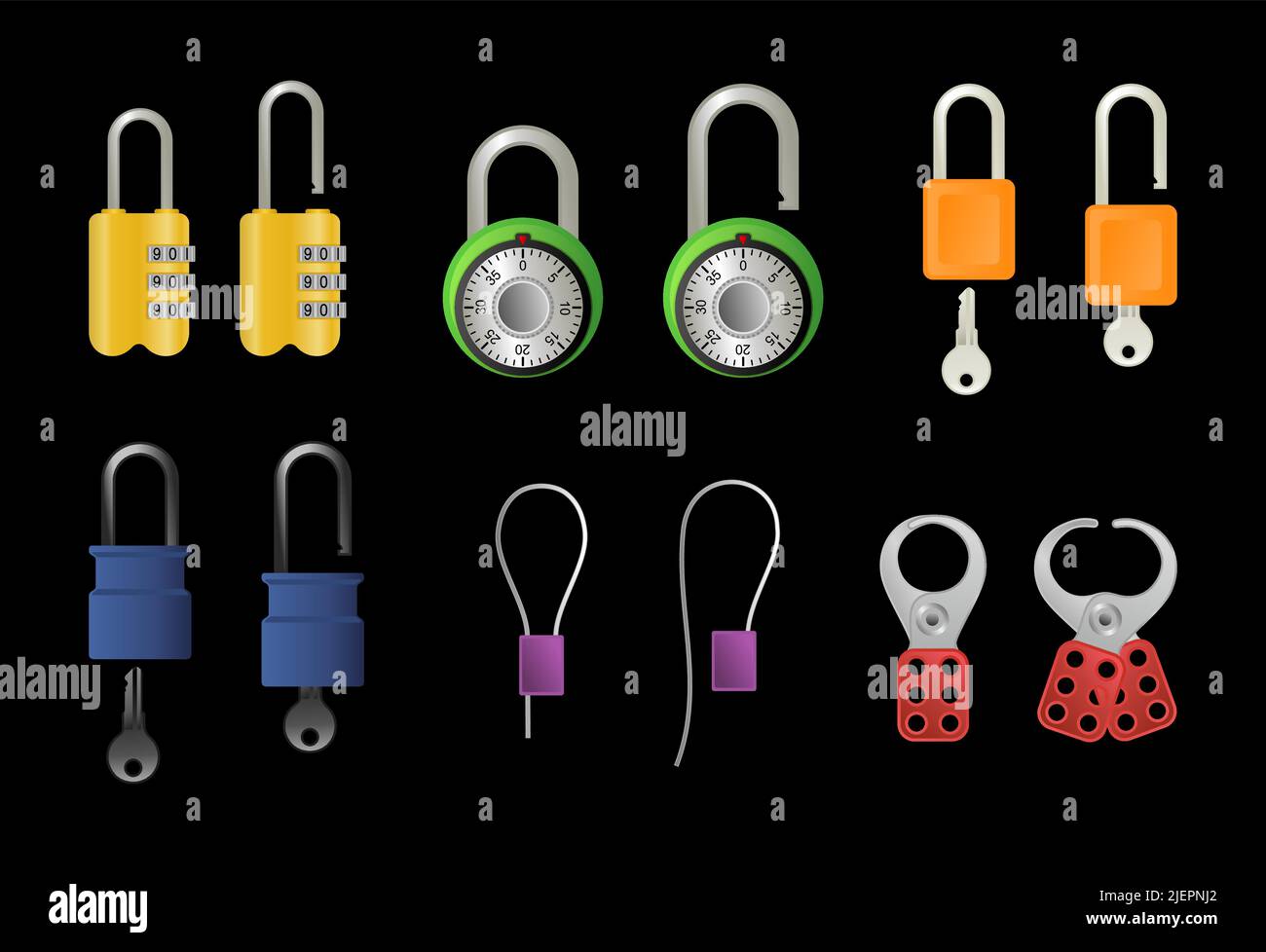 Vector illustrations of open and closed locks and technical clamps on ...