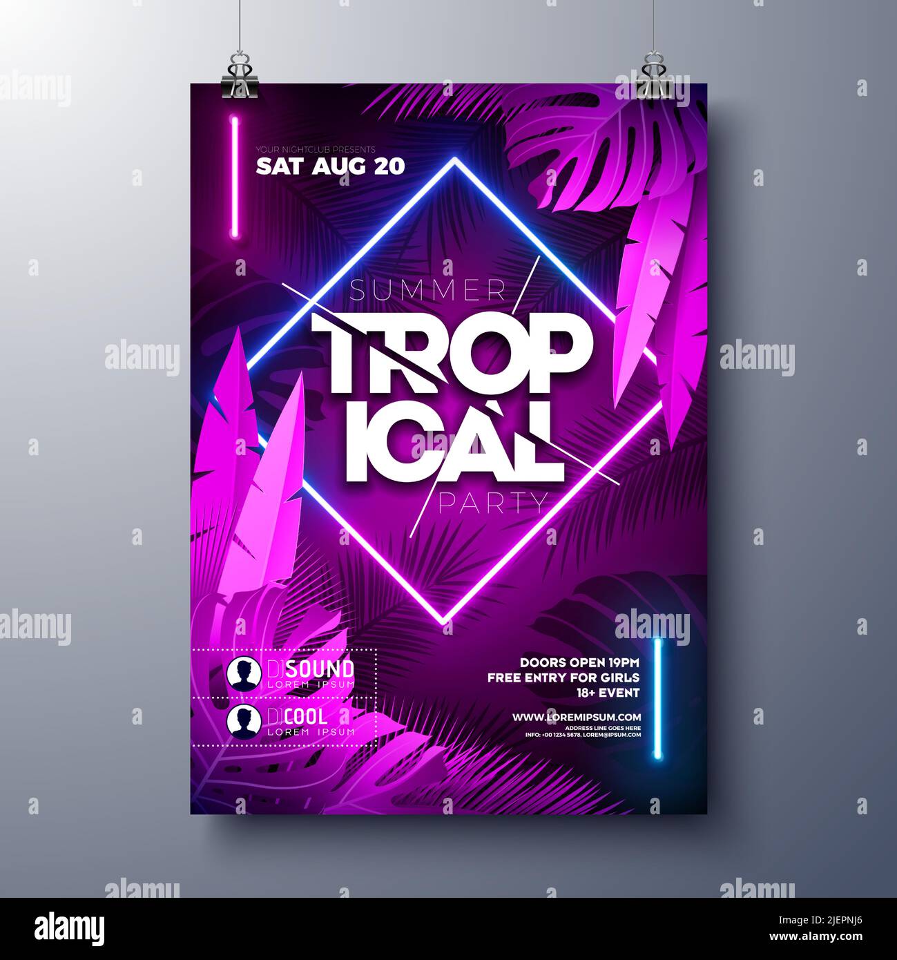 Summer Party Flyer Design Template with Glowing Neon Light on ...