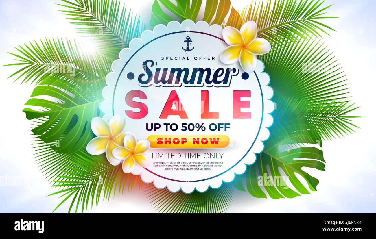 Summer Sale Design with Flower and Exotic Palm Leaves on Tropical ...