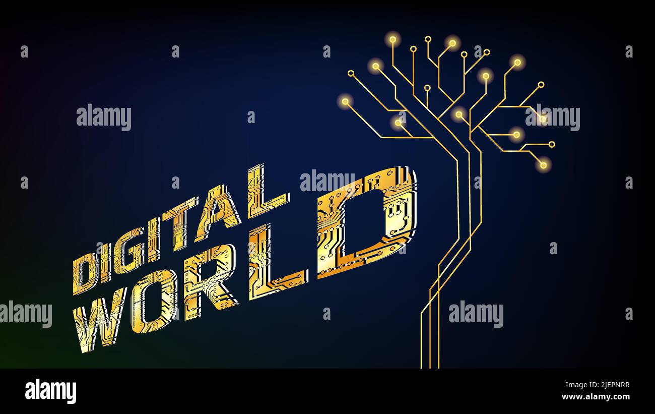 Golden inscription Digital World in perspective and digital brain in ...