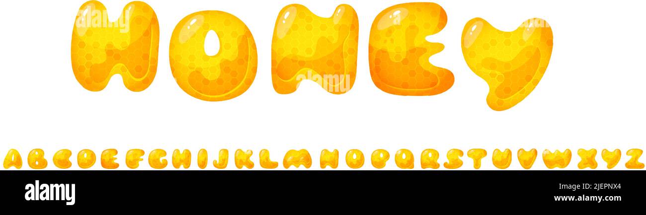 Honey sweet font. Liquid honey cartoon alphabet, Yellow honeycomb ...