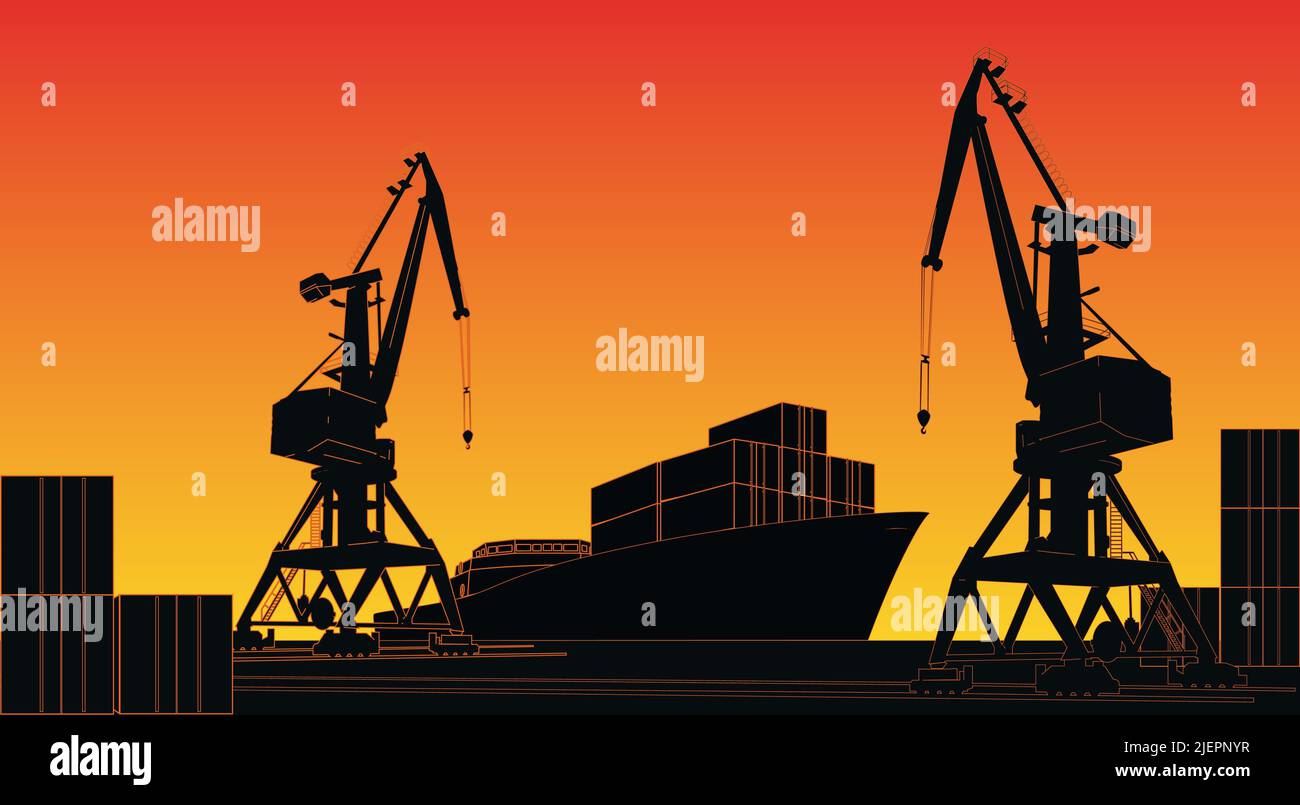 Silhouette commercial port with container ship at the pier and cargo ...