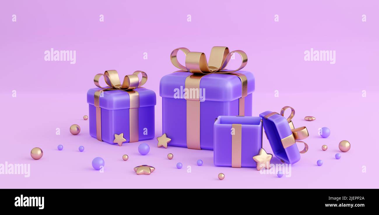Realistic violet gift box with golden ribbon bow background. Concept of ...
