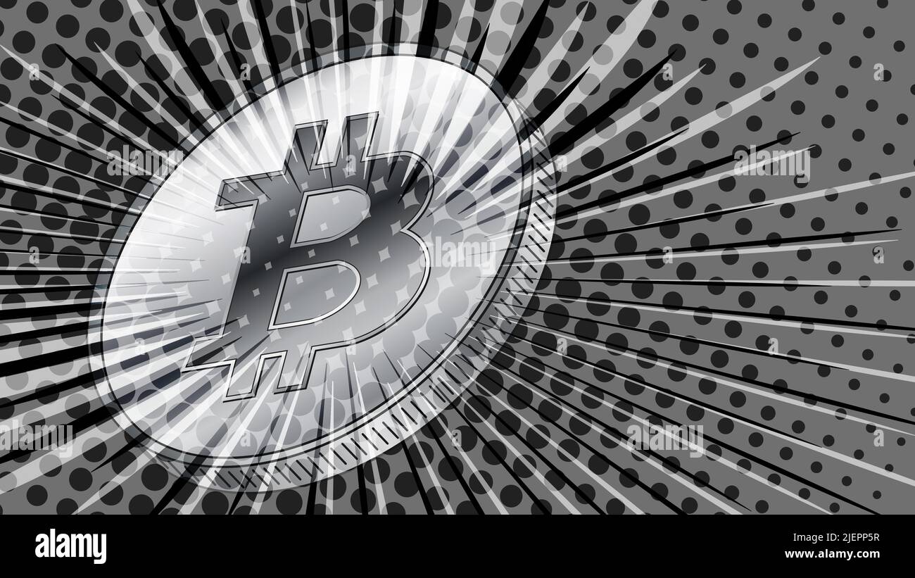 Coin Bitcoin BTC styled for the 80s retro with rays in gray color. BTC ...